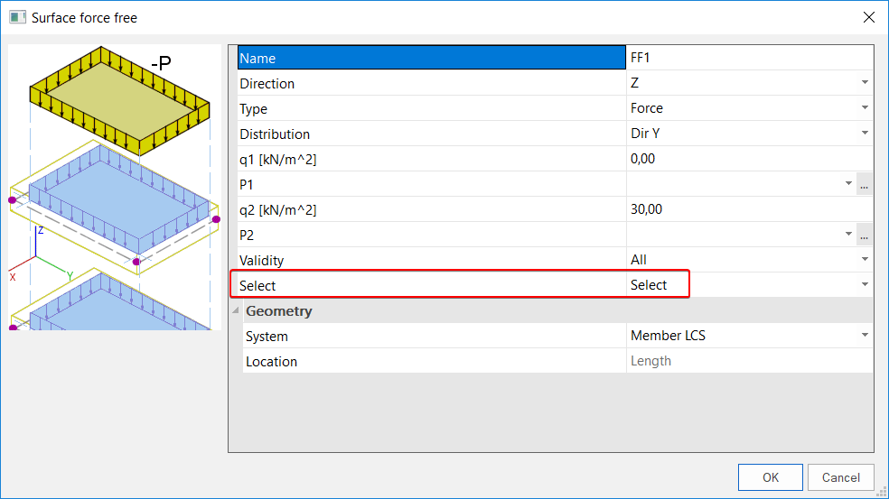 Define a variable surface load (e.g. soil pressure) on a 2D member